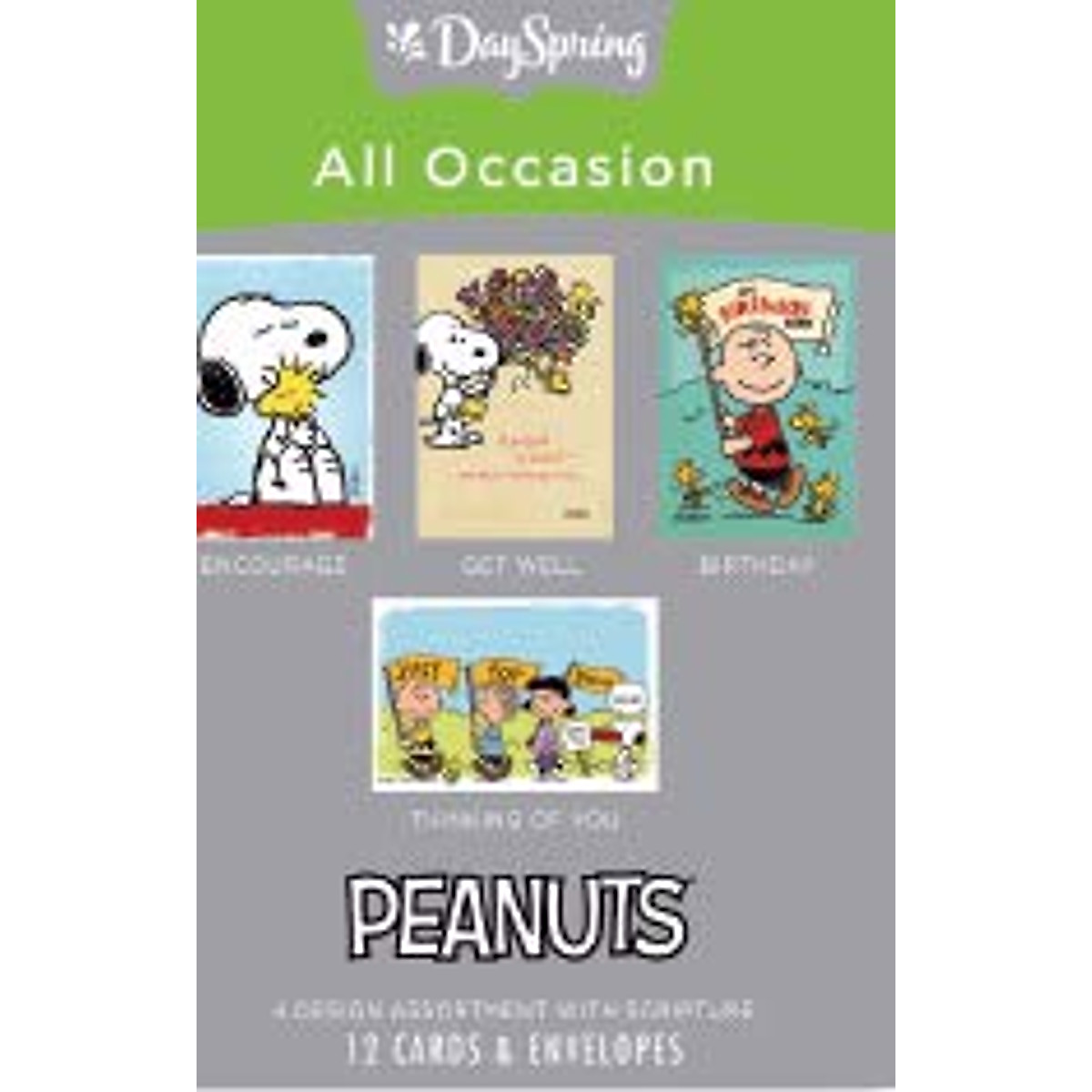 DaySpring - Peanuts All Occasion - 4 Design Assortment With Scripture - 12 Boxed Cards and Envelopes (Encourage, Get Well, Birthday and Thinking of You) (15081)