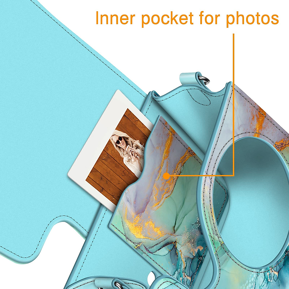 Fintie Protective Case for Fujifilm Instax Mini 7+ Instant Camera - Premium Vegan Leather Bag Cover with Removable Adjustable Strap, Emerald Marble