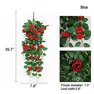 HENJADE 2 Pieces Artificial Hanging Flowers Artificial Rose Vine Hanging Plants Artificial Flower for Home Room Garden Wedding Indoor Outdoor Offiece Room Decor (Red)
