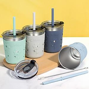 Tiblue Kids & Toddler Cups - 4 Pack 8oz Spill Proof Stainless Steel Tumblers with Leak Proof Lids, Silicone Straw with Stopper & Sleeve - BPA FREE Snack Smoothie Drinking Cup for Baby Girls Boys