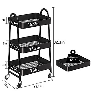 gianotter 3-Tier Utility Rolling Cart - Multifunctional Cart with Lockable Casters, Easy to Assemble, Suitable for Office, Bathroom, Kitchen, Living (Black)