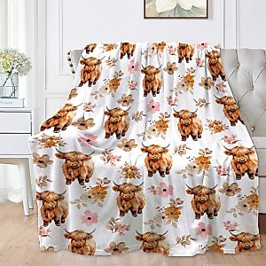 Highland Cow Flowers Blanket for Boys Girls, Cute Highland Cow Kids Throw Blanket Gift for Child, Fluffy Cozy Soft Lightweight Blankets for Bed Office, 40x50 Inches