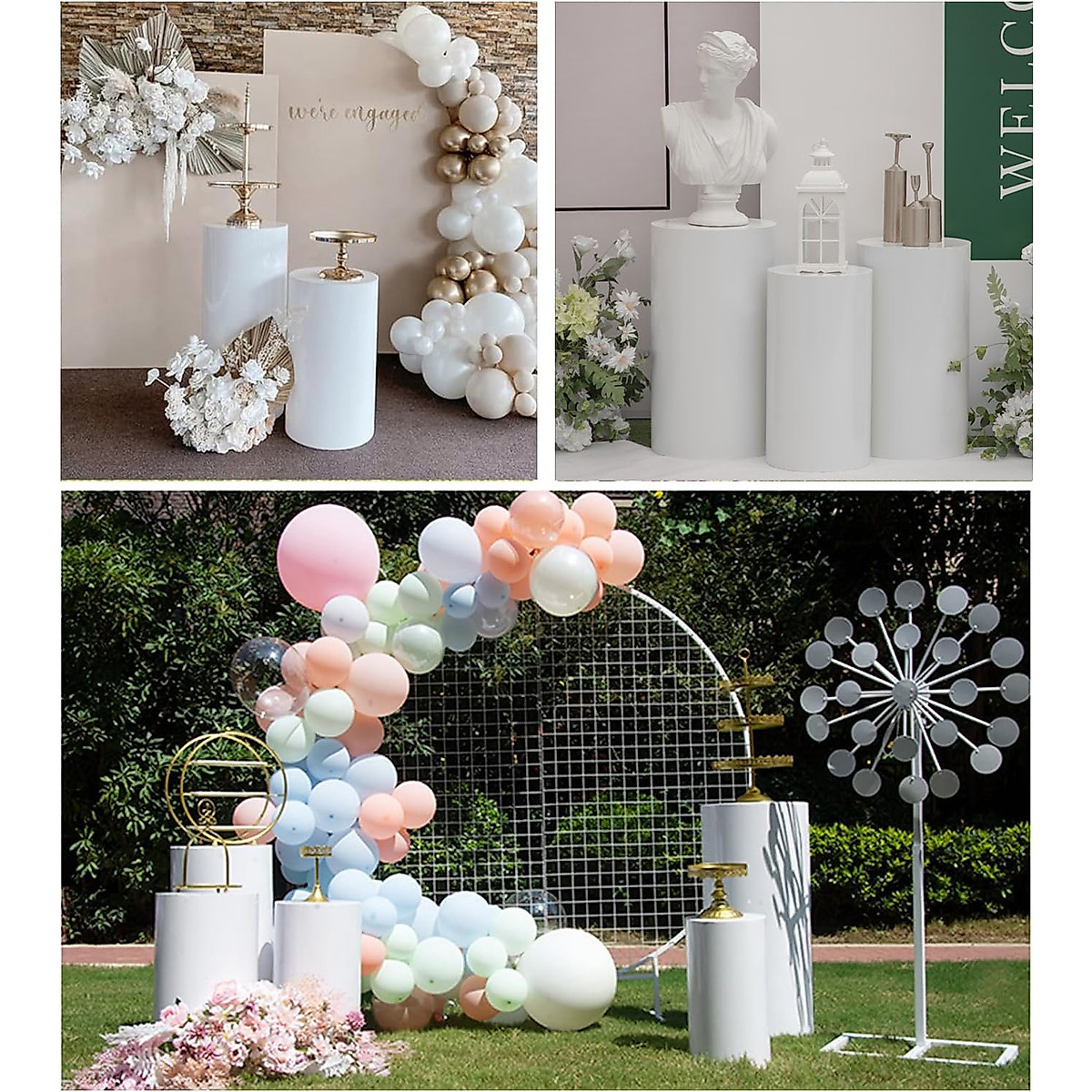 3PC Round Cylinder Pedestal Stands, Metal Pedestal Stand Cylinder Dessert Tables for Wedding Birthday Party, Wedding Centerpiece Birthday Babyshower Backdrop Decor,23.6"/21.6"/19.7" high (White-3PCS)