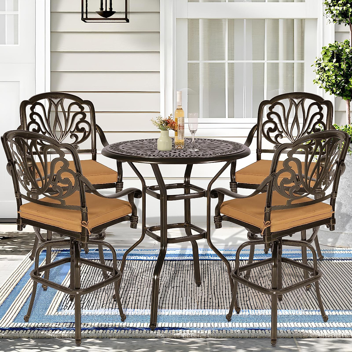 SOCIALCOMFY 5 Piece Bar Height Patio Dining Set, All Weather Cast Aluminum Swivel Bar Stools Chair Set of 4 and 35.4" High Bar Table W/Umbrella Hole, Outdoor Bar Table & Chairs Set for Deck Garden