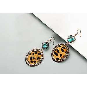 Vintage Leopard Print Dangle Earrings for Women AB Crystal Geometric Irregular Turquoise Stone Faux Leather Statement Drop Stud Earring Retro Birthday Party Jewelry Gifts (Gold)