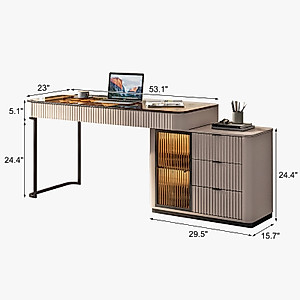 Lartis Office Desk, Very Easy to Assemble，Computer Desk, Home Telescopic Writing Desk, Storage Cabinet Retractable Corner, Built-in LED Lights, Five Large Storage Drawers, compartmentalized Storage
