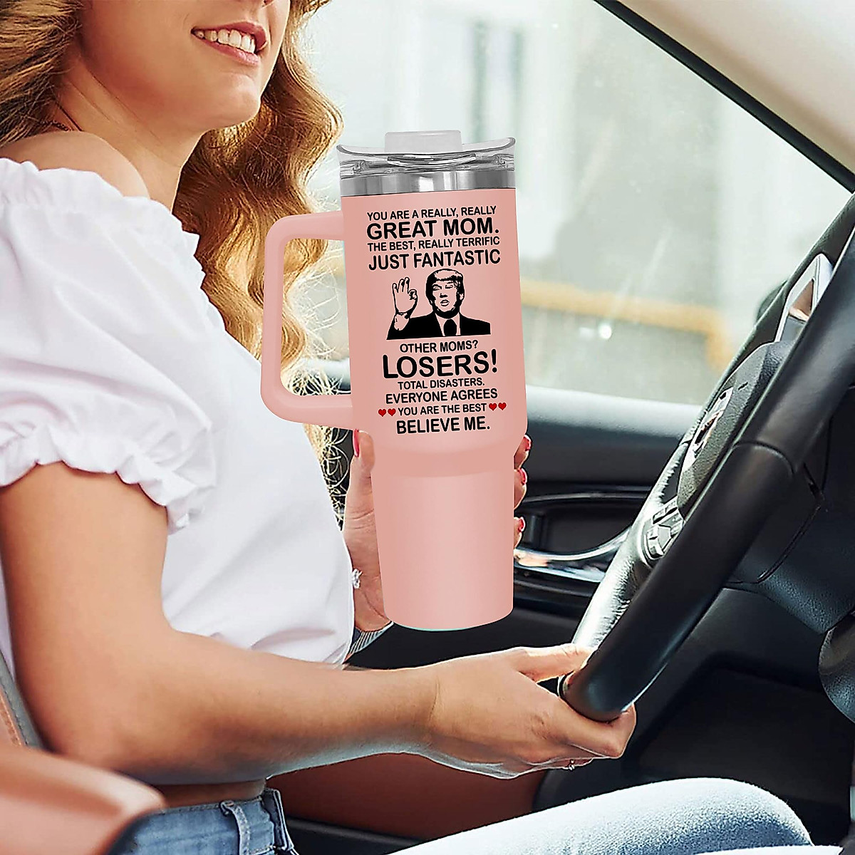 Mothers Day Gifts for Mom from Daughter, Son, Kids - Great Mom Coffee Tumbler on Birthday, Christmas, Durable Stainless Steel, Insulated for Hot or Cold Drinks, Ideal Gift for Mothers 40oz, Pink