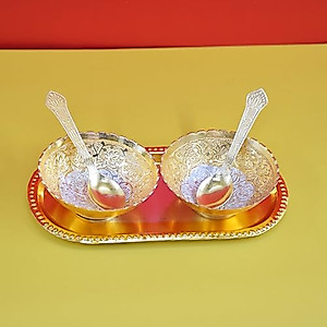 Puja N Pujari Gold Plated Bowls Tray and Spoon Set for Dry Fruits and Sweets for Return Gifts (Model 2)