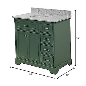 Aria 36-inch Bathroom Vanity (Carrara/Sage Green): Includes Sage Green Cabinet with Authentic Italian Carrara Marble Countertop and White Ceramic Sink