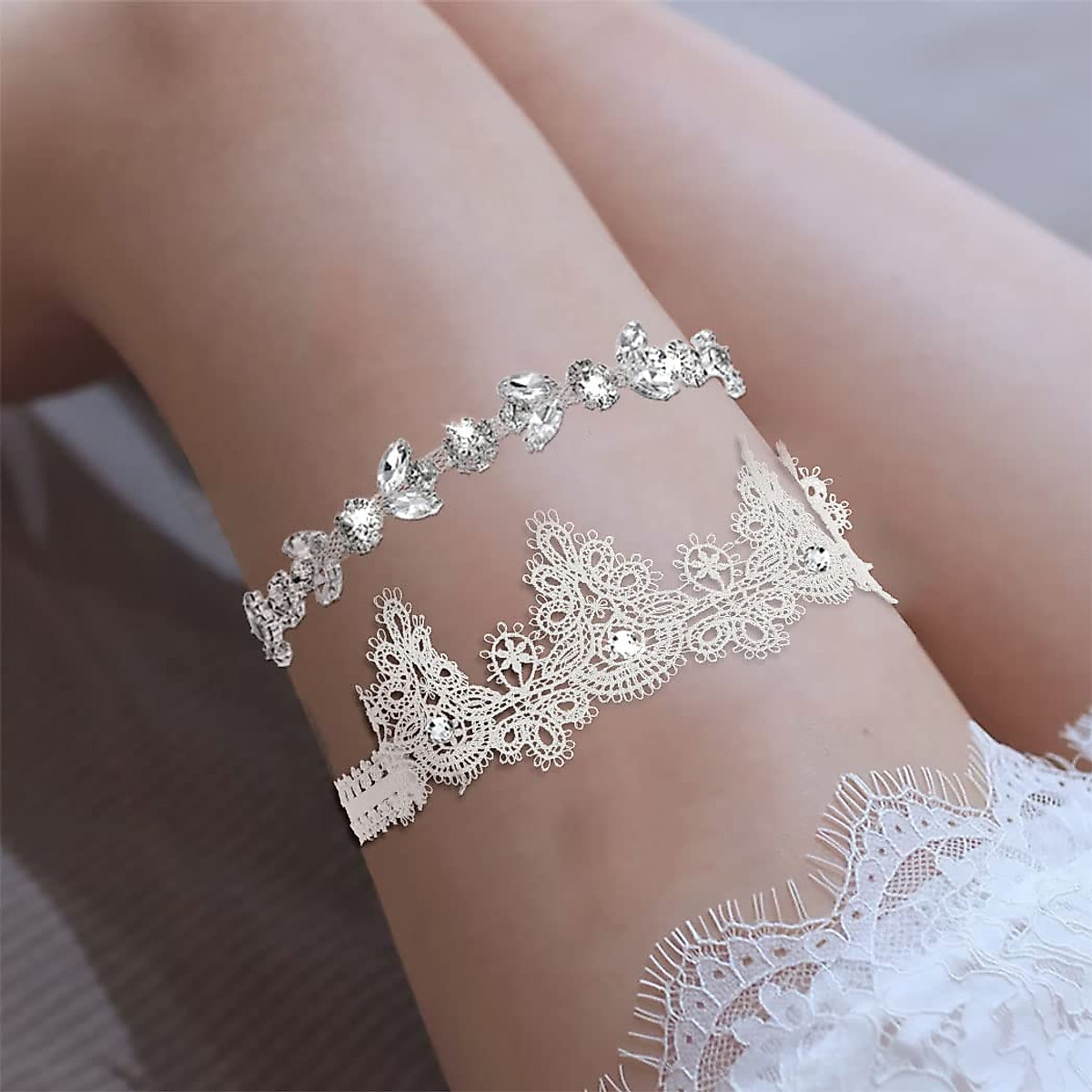 Campsis Wedding Rhinestone Garter Set White Bride Lace Leg Band Crystal Thigh Decor Prom Party for Bridal and Bridesmaid(Silver)