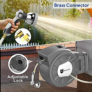 Retractable Garden Hose Reel, 1/2 in x 100 ft Wall Mounted Hose Reel, 10-Pattern Spray Nozzle, Any Length Lock/Slow Return System/Wall Mounted/180°Swivel Bracket