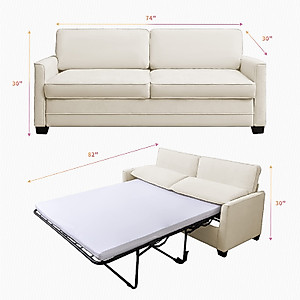 FRETSAE 2-in-1 Pull Out Sofa Bed, Convertible Velvet Sleeper Sofa Couch with Memory Foam Mattress, Large Sofa Pull Out Couch Bed for Living Room, Small Spaces, Queen Size, Beige