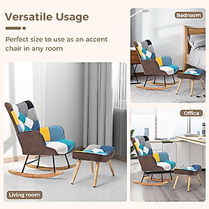 Unovivy Rocking Chair with Ottoman, Upholstered Nursery Armchair with Foot Rest, Nursing Glider Rocker with Backrest & Wooden Base, Small Gliding Seat for Bedroom, Living Room, Balcony