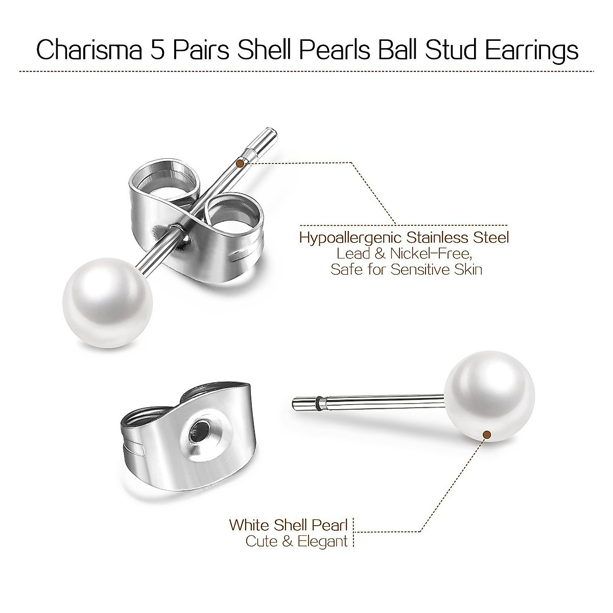 Charisma 3-7mm Composite Pearl Earrings Round Ball Pearls Stud Earrings Hypoallergenic 5 Pairs Mixed Sizes Imitation Pearl Earrings Set for Women