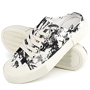 JENN ARDOR Womens Fashion Canvas Sneaker Open Back Mule Flats Shoes Lace Up Slip On Classic Shoes (Pattern Black,6.5)
