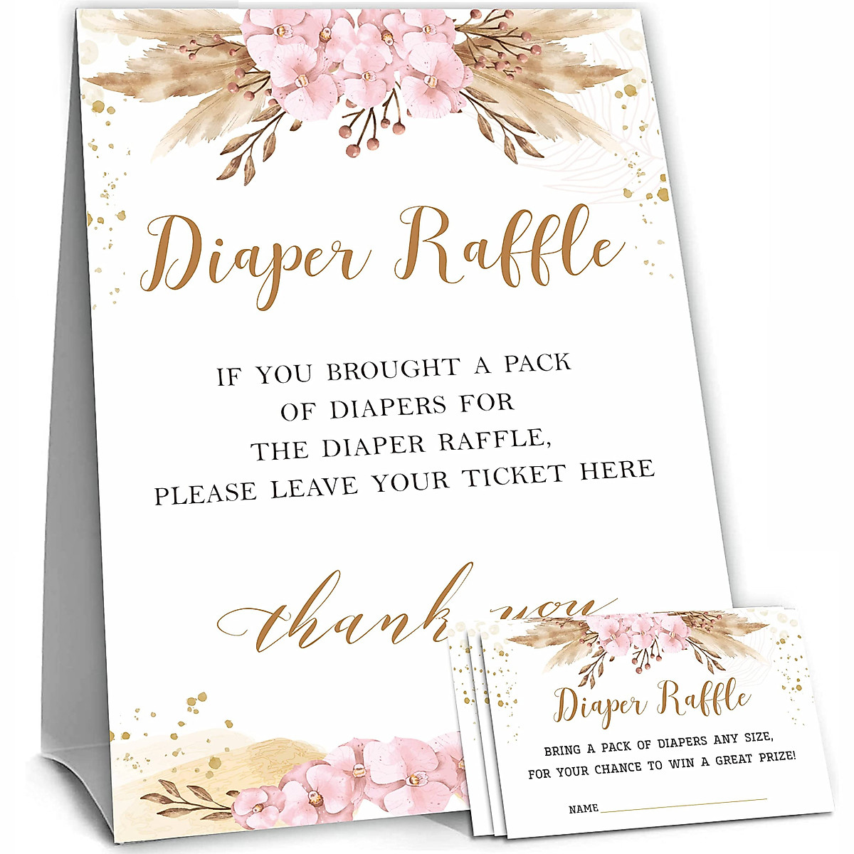 50 Diaper Raffle Tickets and 1 Self-standing Diaper Raffle Sign, Blush Pink Boho Floral Baby Gender Reveal Party Supplies, Gender Neutral Baby Shower Decorations - LBLK-019