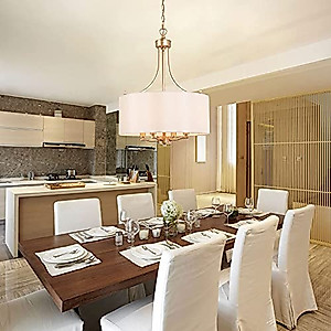 classy leaves Gold Chandelier Light Fixture, 4-Light Modern Drum Chandelier Lighting, Gold Pendant Light with White Fabric Shade for Dining Room, Kitchen Island, Foyer, Living Room, 16’’ D x 21.5’’ H