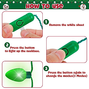 Christmas Party Favors, 2PCS Light Up Christmas Necklace, 3 Modes Christmas Necklace, LED Christmas Accessories for Kids Red Yellow Blue Green Bulbs Glow Necklaces New Year Ugly Sweater Party