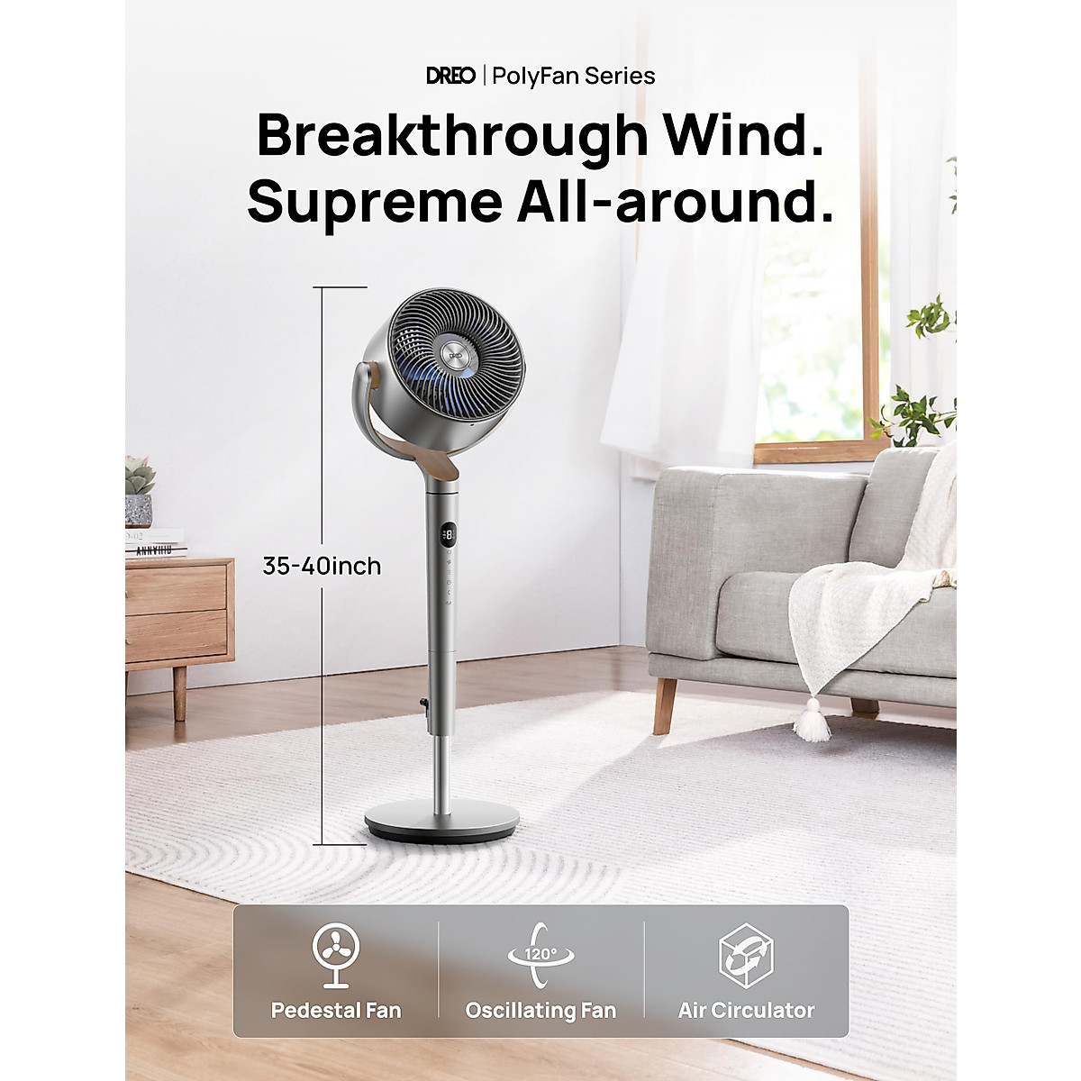 Dreo Standing Fan, 120°+120°Omni-directional Oscillating Fan For Bedroom, 80 ft Circulator With Remote, DC Motor Quiet Pedestal Fans, Adjustable Height, 8 Speeds, 3 Modes, 8H Timer, Home, PolyFan 502