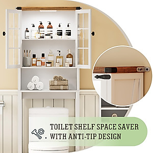 FREDEES Over The Toilet Storage Cabinet with Shelves & Doors, Toilet Shelf Space Saver with Anti-Tip Design & Ceiling Light, Free Standing Over Toilet Bathroom Organizer, White
