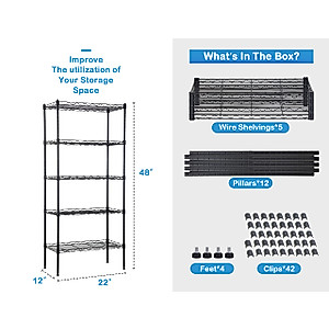 5-Tier Metal Wire Shelving Unit Snack Shelf Height Adjustable Storage Rack NSF Certified Storage Shelves 750 Lbs Capacity Standing Utility Shelf for Laundry Kitchen Pantry Garage Organization