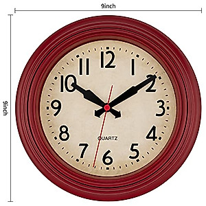 Foxtop Retro Wall Clock 9 Inch Silent Non-Ticking Small Battery Operated Red Wall Clock Vintage Classic Decorative Clock for Office Bedroom Kitchen Living Room Home