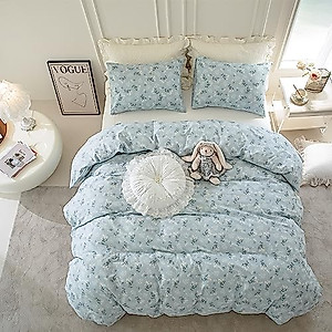 Queen Duvet Cover Floral, 100% Cotton 3 Pieces Floral Queen Bedding Set, Blue Floral Chic Garden Fresh Style Floral Printed Queen Duvet Covers Floral with Zipper Closure (Floral, Queen)