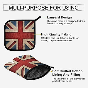 ZZKKO London Union Jack Oven Mitts and Potholder Set Heat Resistant Kitchen Counter Safe Mats Oven Gloves Non-Slip Grip for BBQ Grill Baking Cooking Oven Microwave to Protect Hands and Surfaces