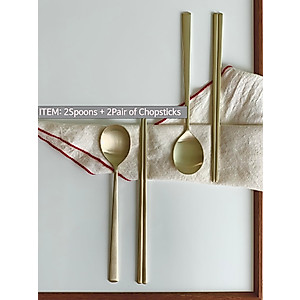 cozymomdeco Korean Made Traditional Utensil Chopstick Set Flatware Champagne Gold Stainless Steel Spoon & Chopsticks 2SET Comfortable Grip