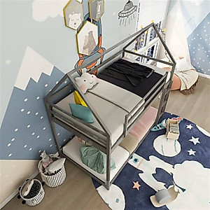 Twin Over Twin Low Bunk Bed, Wood House Bunk Bed Frame with Ladder, Guardrail and Roofs Floor Bunk Bed for Kids, Teens, Girls, Boys,Gray