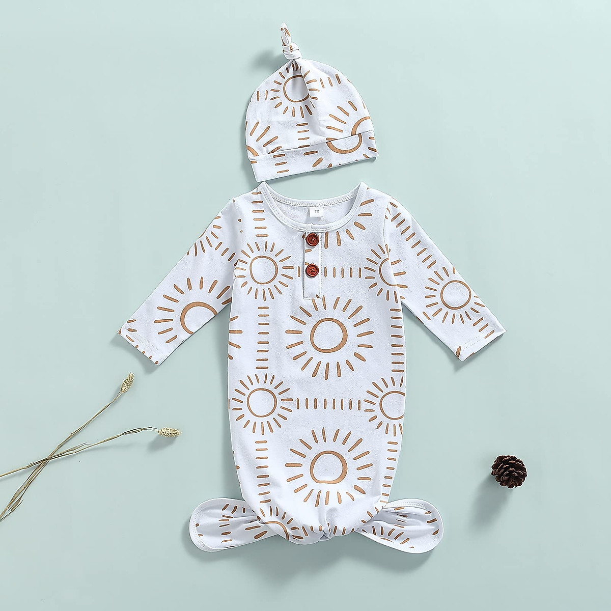 Tsseiatte Newborn Baby Boy Girl Knotted Gowns Long Sleeve Printed Sleeping Bag Coming Home Outfit Nightgown Pajamas Hat Set (C-Sun print white, 0-3 Months)
