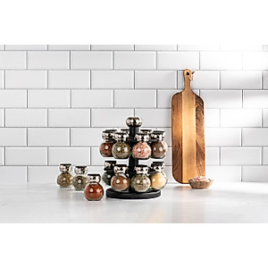 Olde Thompson Orbit Rotating Spice Rack, 16 Refillable Spice Jars With Shaker Tops And Labeled Lids For Frequently Used Spices