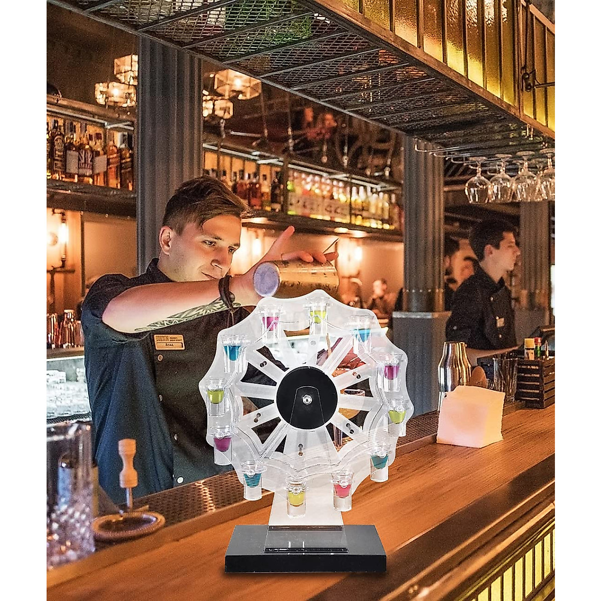 Liquor Shelves Ferris Wheel Tequila LED Liquor Bottle Display Shelf ,Ice Wine Stand, Colorful Light Spinning Stand with 12 Glasses Cups, Party Bar Drinking Tumblers Stand for Birthday, Wedding