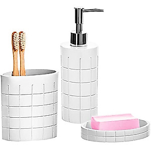 White Bathroom Accessories Set - Decorative 3-Piece Bathroom Accessory Set Includes: Soap Dispenser, Toothbrush Holder and Soap Dish - Rust-Resistant Bathroom Sets Accessories (Polar)