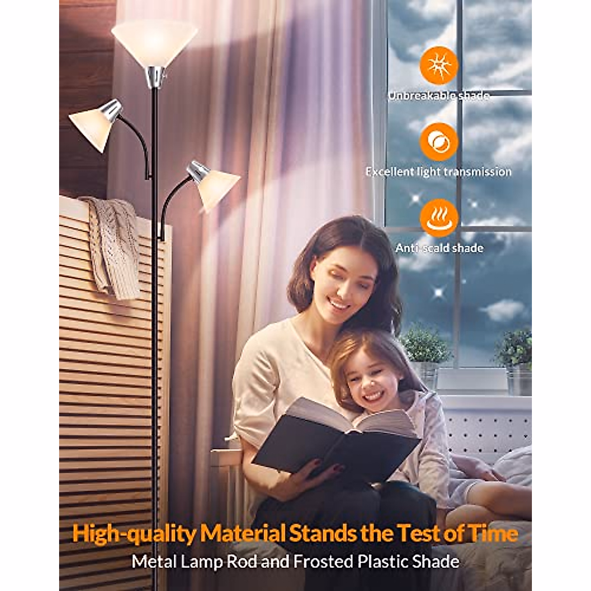 LEPOWER Floor Lamp with Replaceable 3000K Energy-Saving LED Bulbs , 9W LED Standing Lamp with 5W Adjustable Reading Lights, Modern Bright Black Floor Lamp for Living Room, Bedroom, Office