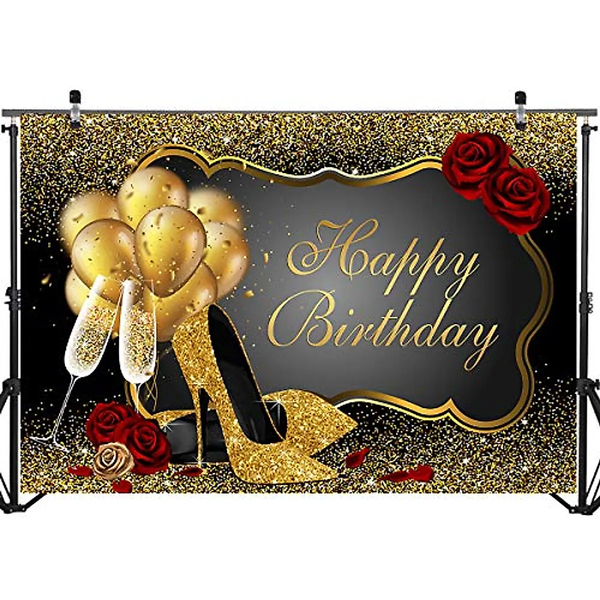 Mocsicka Black Gold Birthday Backdrop for Women 7x5ft High Heels Champagne Happy Birthday Banner Photo Studio Prop 20th 30th 40th 50th 60th Birthday Photo Backdrops