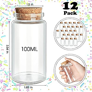 12 Pack Small Glass Cork Bottles, 100 ml/ 3.4 oz, Small Glass Jars Spell Jars Clear Potion Bottles Mini Glass Bottles with Cork Bottle Bright DIY Sand Water Message Decorative Jar Party Favors
