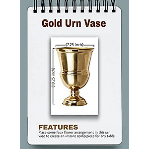 Serene Spaces Living Decorative Gold Vase Urn, Gold Vases for Centerpieces, Metal Vase Use for Home Decor, Wedding, Parties, Floral Arrangements, Measures 10.25" Tall & 7.25" Diameter