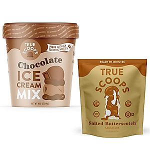 True Scoops Beginner's Pack - Chocolate Ice Cream Mix & Salted Butterscotch Sauce Mix. Add One Ingredient - Half & Half! Makes 1 Pint of Ice Cream And 1 Cup of Sauce. Women-Owned, Gluten-Free, Peanut-Free, and Kosher.