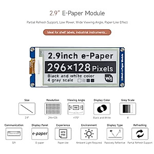 Waveshare 2.9inch E-Ink Display Module Compatible with Raspberry Pi 4B/3B+/3B/2B/B+/A+/Zero/Zero W/WH/Zero 2W Series Boards 296x128 Resolution SPI Interface Supports Partial Refresh