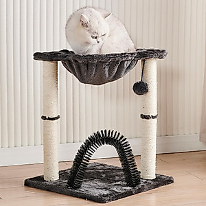 POLIPETS 19” Tall Cat Tower with Hammock,Sisal Scratching Posts and Pets Self Groomer Massager, Soft Hanging Basket Perch Hammock,Indoors Cat Furniture 16x15”, Gray