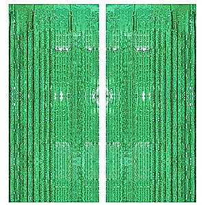 2 Pack 3.2ft x 8.2ft Green Foil Fringe Curtain, Metallic Tinsel Foil Fringe Rain Curtain Streamers Photo Backdrop for St Patricks Day Decorations Birthday Christmas Jungle Safari Tropical Party Decor