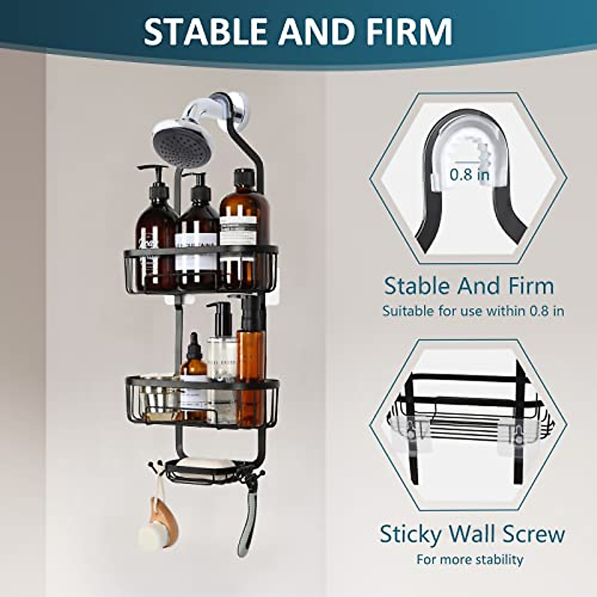 GAKEIHOO Hanging Shower Caddy, Non Drilling Shower Caddy Over Shower Head with Hooks for Razor and Sponge, Rustproof Shower Racks for Inside Shower for Bathroom & Shower Room(Black)