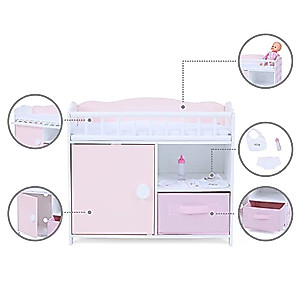 Olivia's Little World Polka Dot Princess Wooden Baby Doll Crib with Under-The-Crib Storage Featuring a Cabinet with Door and Two Cubbies, Pink and White