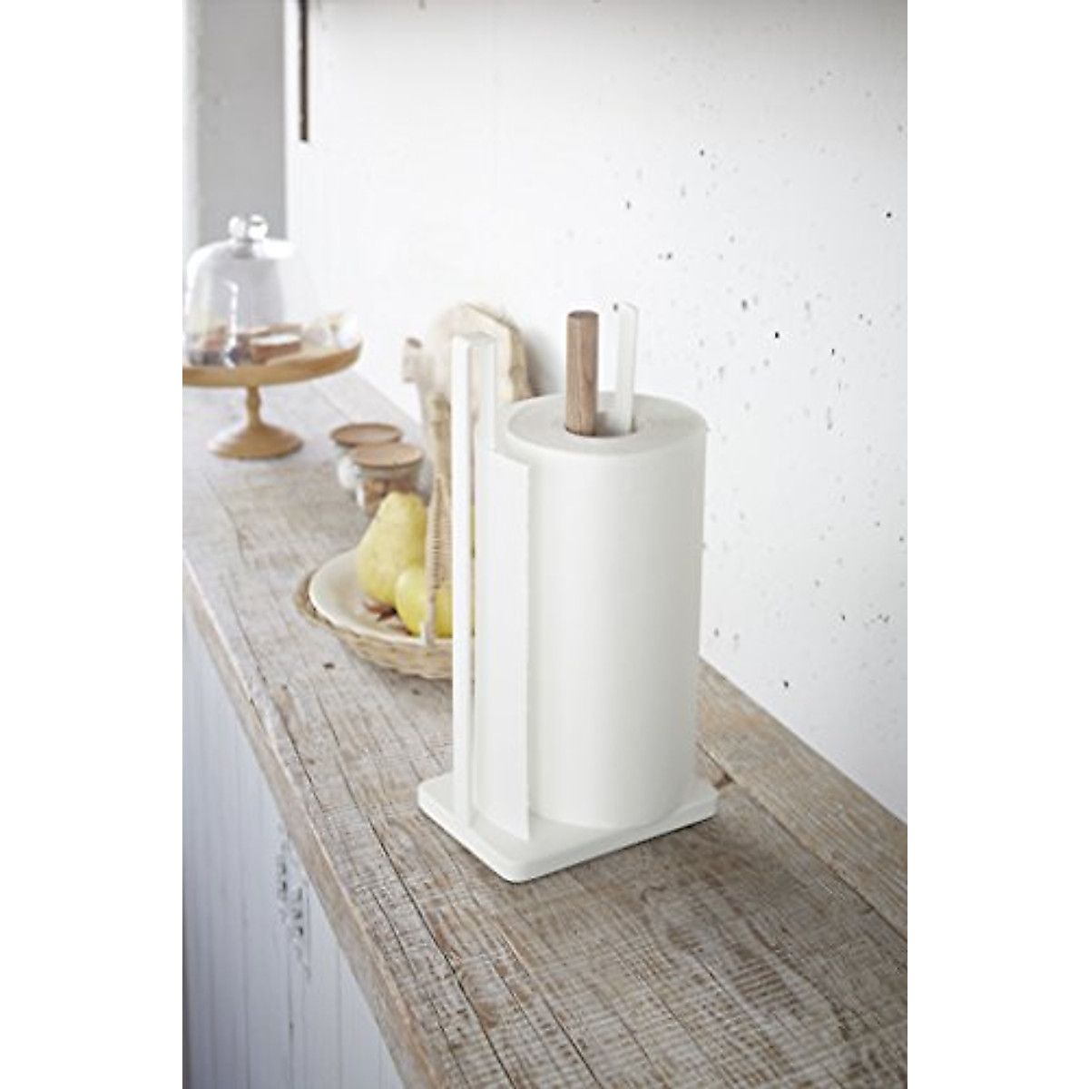 Yamazaki Home One-Handed Tear Paper Towel Holder - Kitchen Storage Rack, Steel + Wood, No Assembly Req.