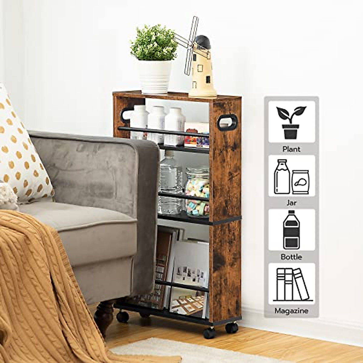 HOOBRO 4-Tier Slim Rolling Cart, Storage Cart for Laundry Room, Narrow Kitchen Cart with Handle and Lockable Casters, Space Saving, Easy Assembly, for Kitchen, Bathroom, Rustic Brown BF15TC01