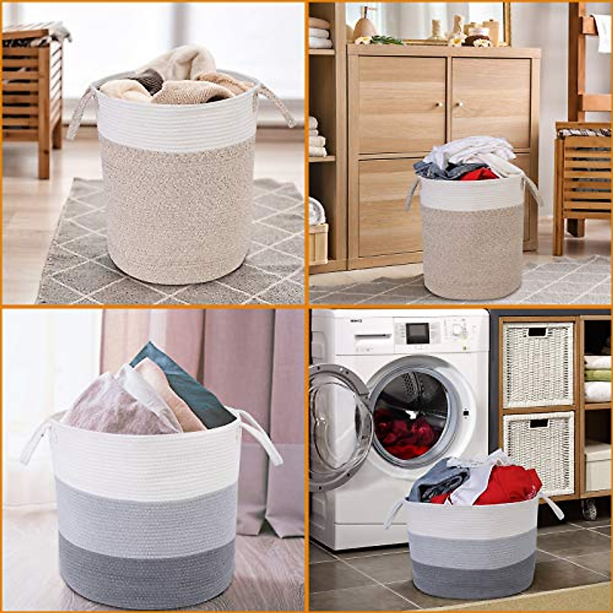 VOYSIGN Cotton Rope woven Basket Large size 16"x16"x17.7"- can be used for organization and storage, Baby Laundry Baskets, Woven Blanket Baskets, Storage bins