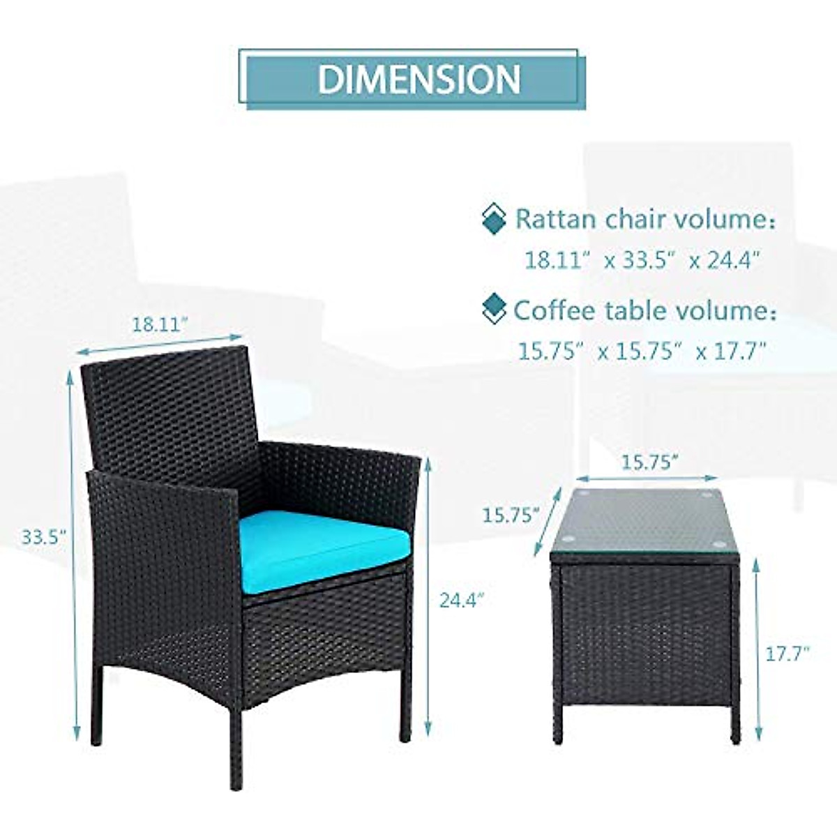 Cemeon 3-Piece Patio Bistro Set Outdoor Conversation Set, Black Wicker Porch Chairs Set Garden Furniture with Coffee Table (Blue Cushion)