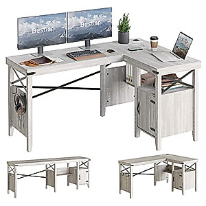 Bestier L-Shaped Home Office Computer Desk with Storage Cabinet & Bookshelf, Farmhouse Office Table for Writing Study, 60 x 42 Inch Corner Desk or 82.3 Inch 2 Person Long Desk with Shelves, White Wash
