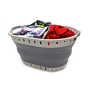 SAMMART 25L (6.6 gallon) Collapsible Plastic Laundry Basket - Foldable Pop Up Storage Container/Organizer - Portable Shopping Basket - Space Saving Hamper (Oval, Dark Grey)